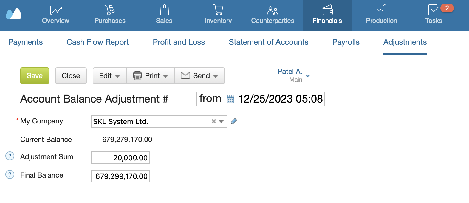 How to adjust balance of bank account and cash register – Kladana