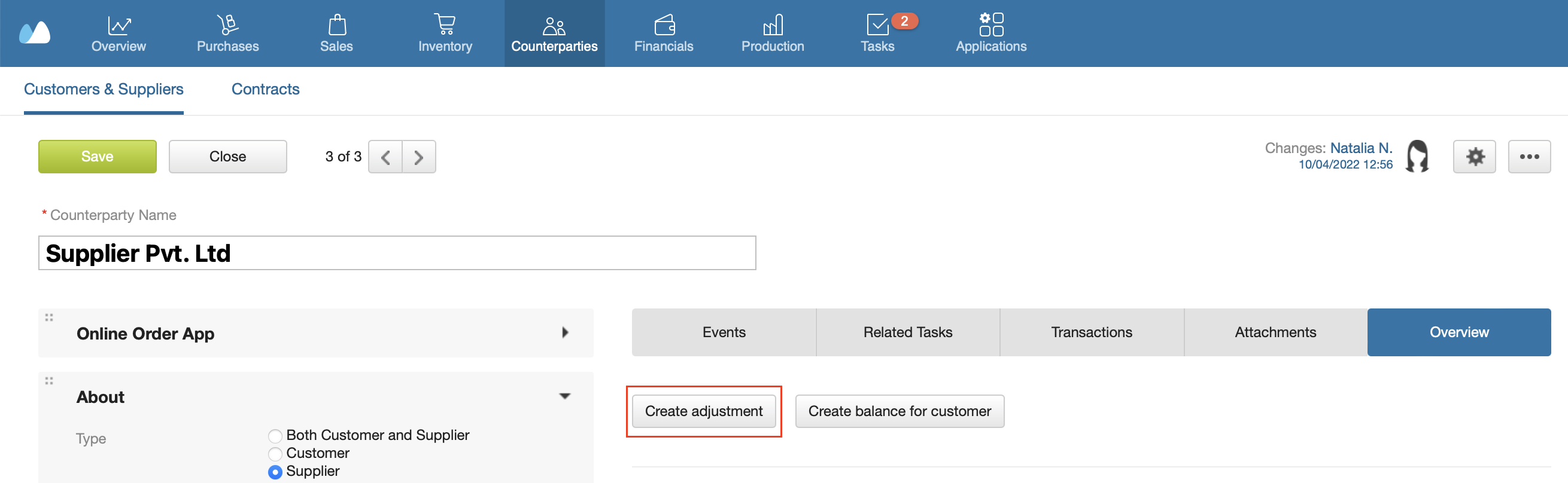 How to adjust account balance of counterparty and employee – Kladana